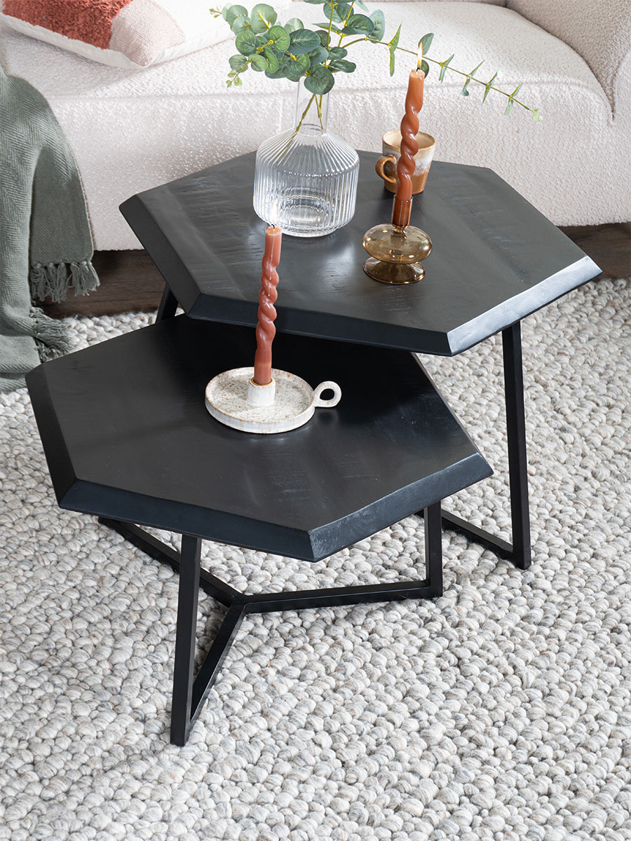 Salontafel Kiara - Set van 2 - Achthoekige tafeltjes - Zwart Mangohout ...